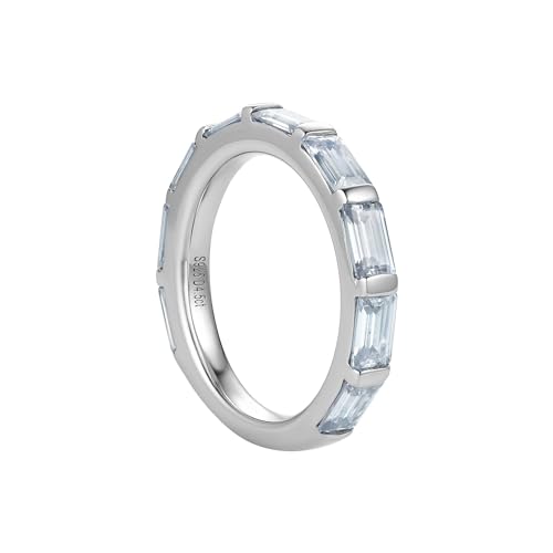 DovEggs Baguette Emerald Cut 4.5CTW Total 3X5mm Light Blue Moissanite Lab Grown Diamond Half Eternity Moissanite Wedding Band 14k Gold QUALITY Silver Engagement Ring Band Width 2.7mm (9)