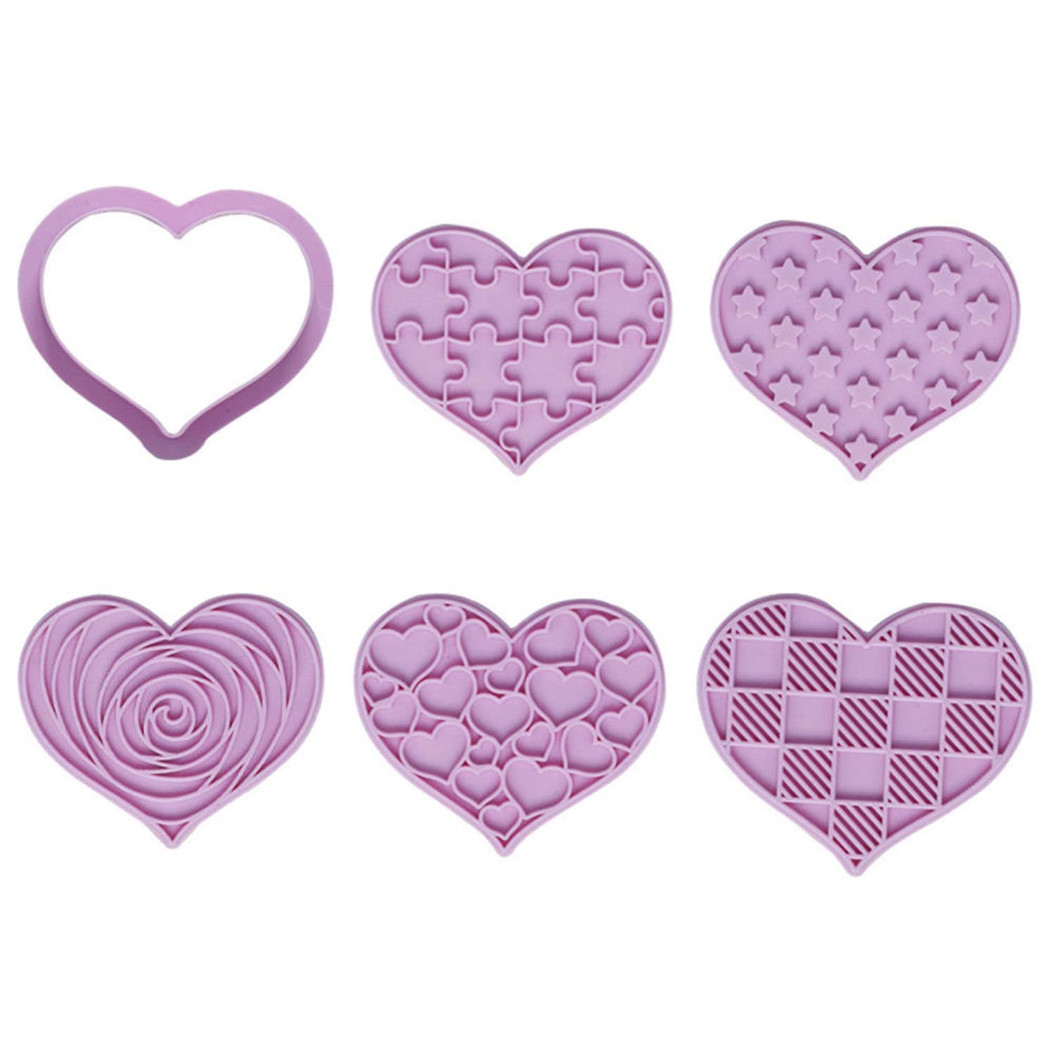 FVVMEED 6 Pieces Valentine's Day Heart Shape Plastic Biscuit Cutters Cookie Stamps Plunger Cutter Fondant Molds Embossing Spring Mold Press Cupcake Gum Paste Sugar Craft Decorating Baking Tool