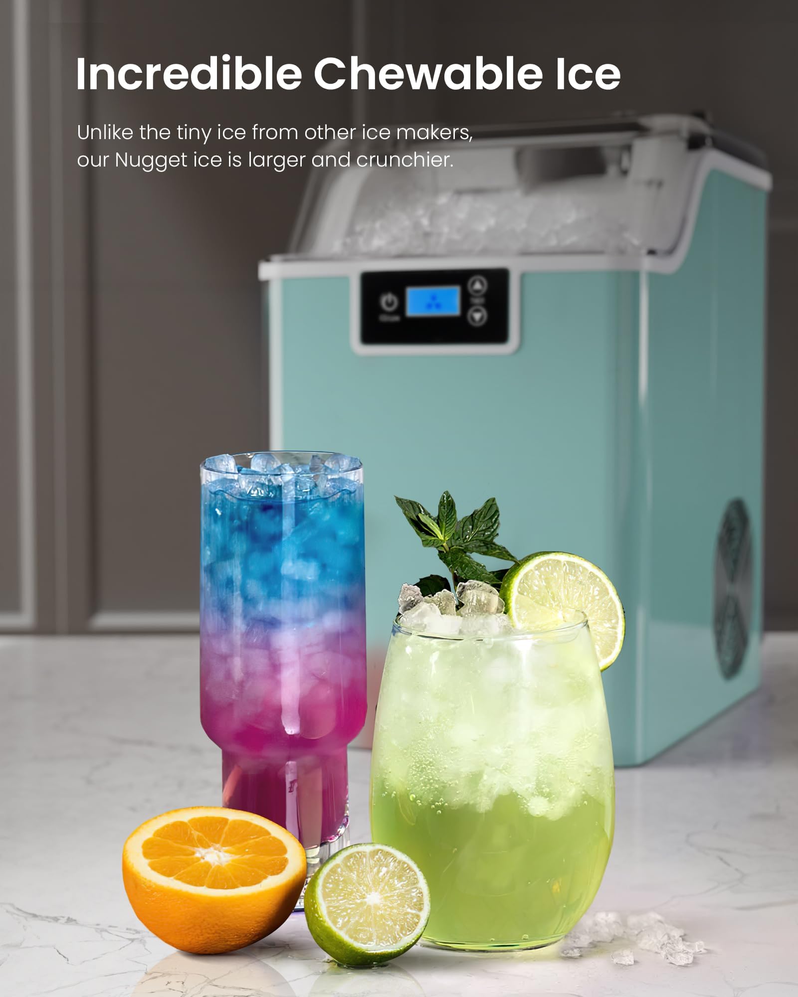 Kismile Nugget Ice Makers Countertop, 45lbs/Day Pebble Ice Maker Machine with 24-Hour Timer, Self-Cleaning Crushed ice Maker with Ice Scoop and Ice Basket for Home & Kitchen (Green)
