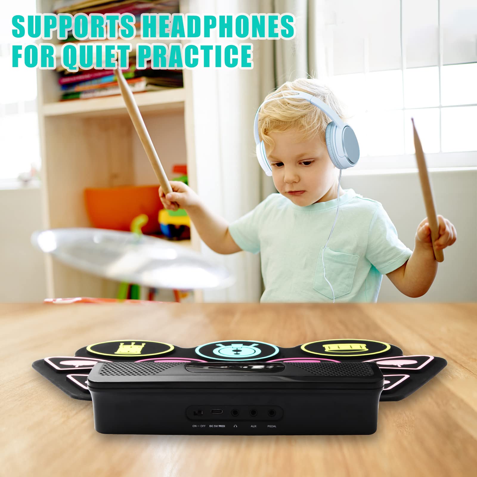 Electronic Drum Set for Kids 9 Drum Pad Portable Electronic Drum kit Beginner Practice Drum Set, Roll Up Drum Set with Speaker, Pedals and Sticks, Child's musical instrument