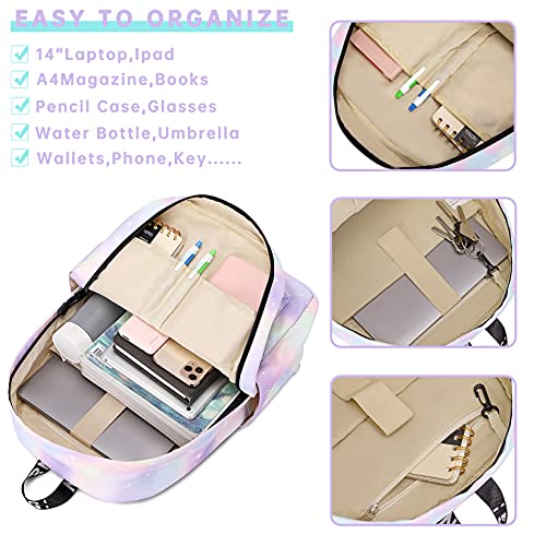 mygreen Tie Dye Girls Backpack, Kid Backpacks for Girls Cute Lightweight Bookbag with Lunch Bag Galaxy Green Purple