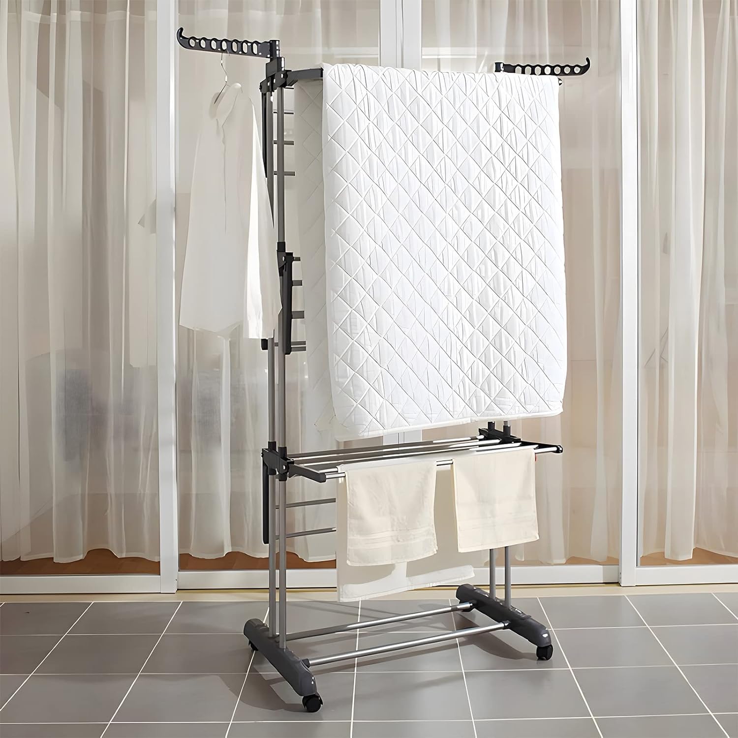 KissAir 4-Tier Folding Drying Rack, Clothes Drying Rack, Stainless Steel Free Standing Movable Laundry Rack, Heavy Duty Rack for Clothing, Bed Linen, Grey
