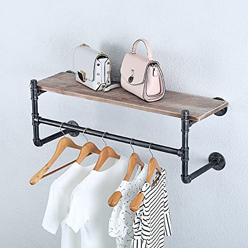 OLDRAINBOW Industrial Pipe Clothing Rack Wall Mounted with Real Wood Shelf,Pipe Shelving Floating Shelves Wall Shelf,36in Retail Clothes Racks Display Rack