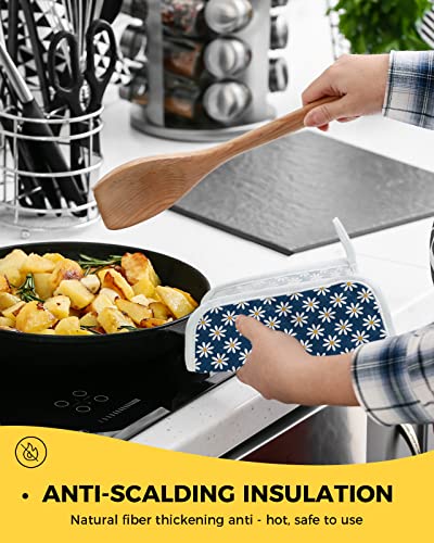 Floral Potholders Set Kitchen Heat Resistant Cotton Coasters Hot Pads Pot Holders Set of 5 for Everyday Cooking and Baking 8 x 8 Inch - Graphic Daisy Blossoms on Blue Background