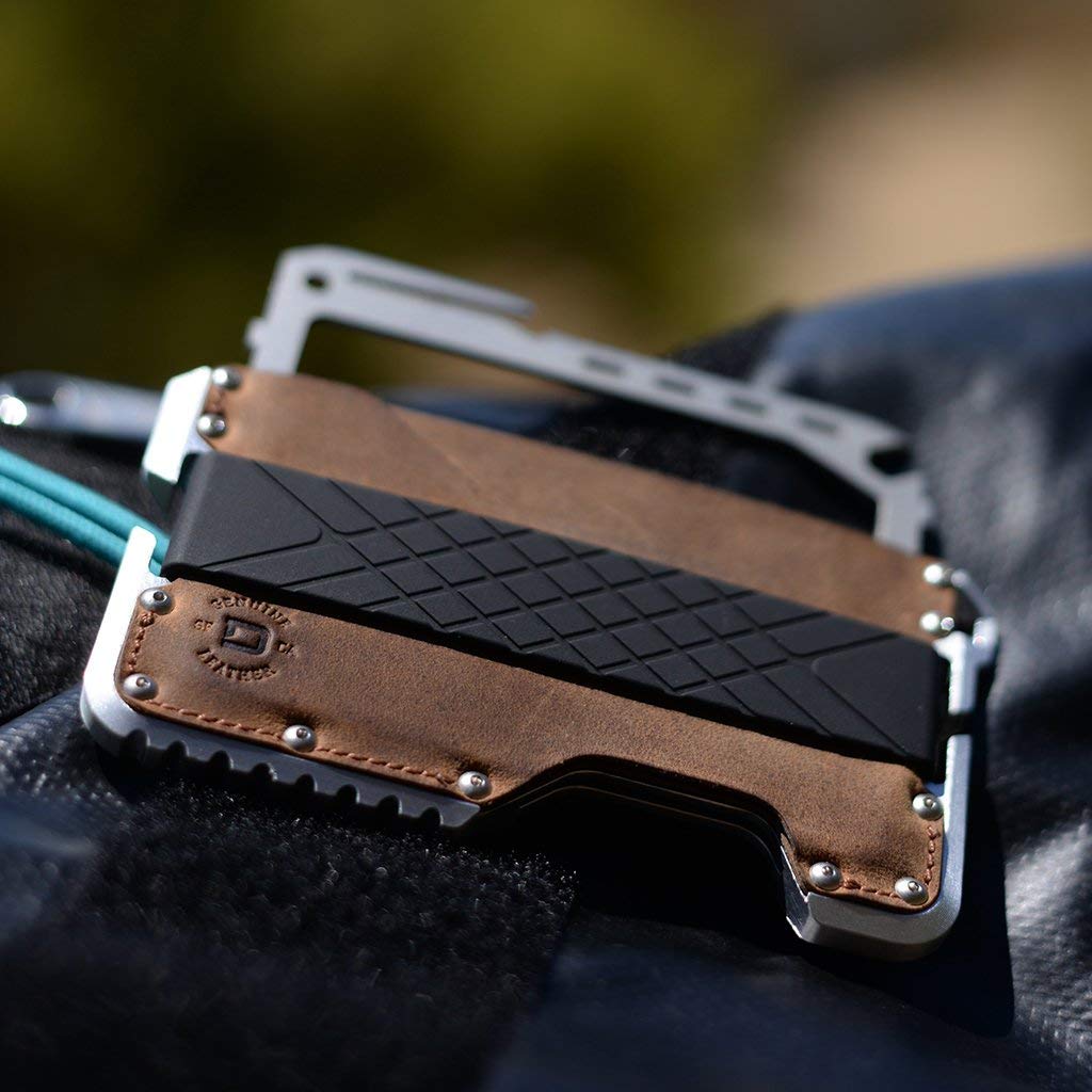 Dango Slim Minimalist Wallet for Men - RFID Blocking - Leather + Multi-Tool, Brown Rawhide/Raw Aluminum