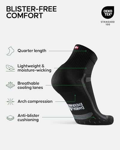 DANISH ENDURANCE Long Distance Running Socks, Quarter, Cushioned & Moisture Wicking, 3 Pair Pack for Men & Women