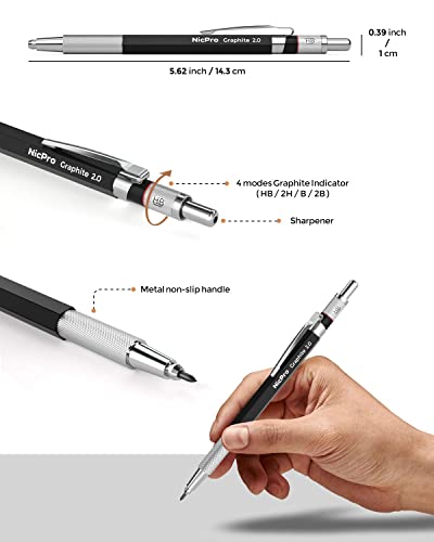 Nicpro 2mm Metal Mechanical Pencil Set, 2PCS Lead Holder 2.0 mm Marker Artist Carpenter Pencils with 120 Graphite Lead Refill (HB 2H 4H 2B 4B & Color), 2 Eraser for Drafting, Drawing Writing Sketching