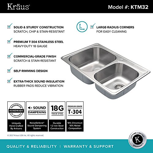 Kraus KTM32 Premier Kitchen Sink Double Bowl, 33.13, Satin