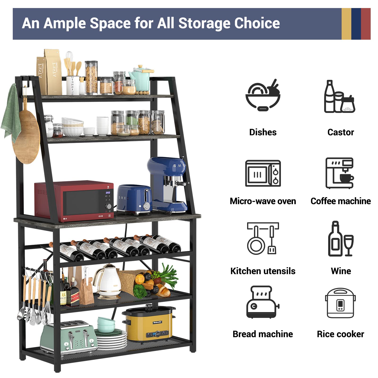 Cyclysio Bakers Rack with Power Outlet, 65.2 Inch Microwave Stands, 6 Tier Coffee Bar Station with Wine Rack, Lager Kitchen Baker Rack with Storage and 8 Hooks, Tall Kitchen Stand with Hutch, Grey