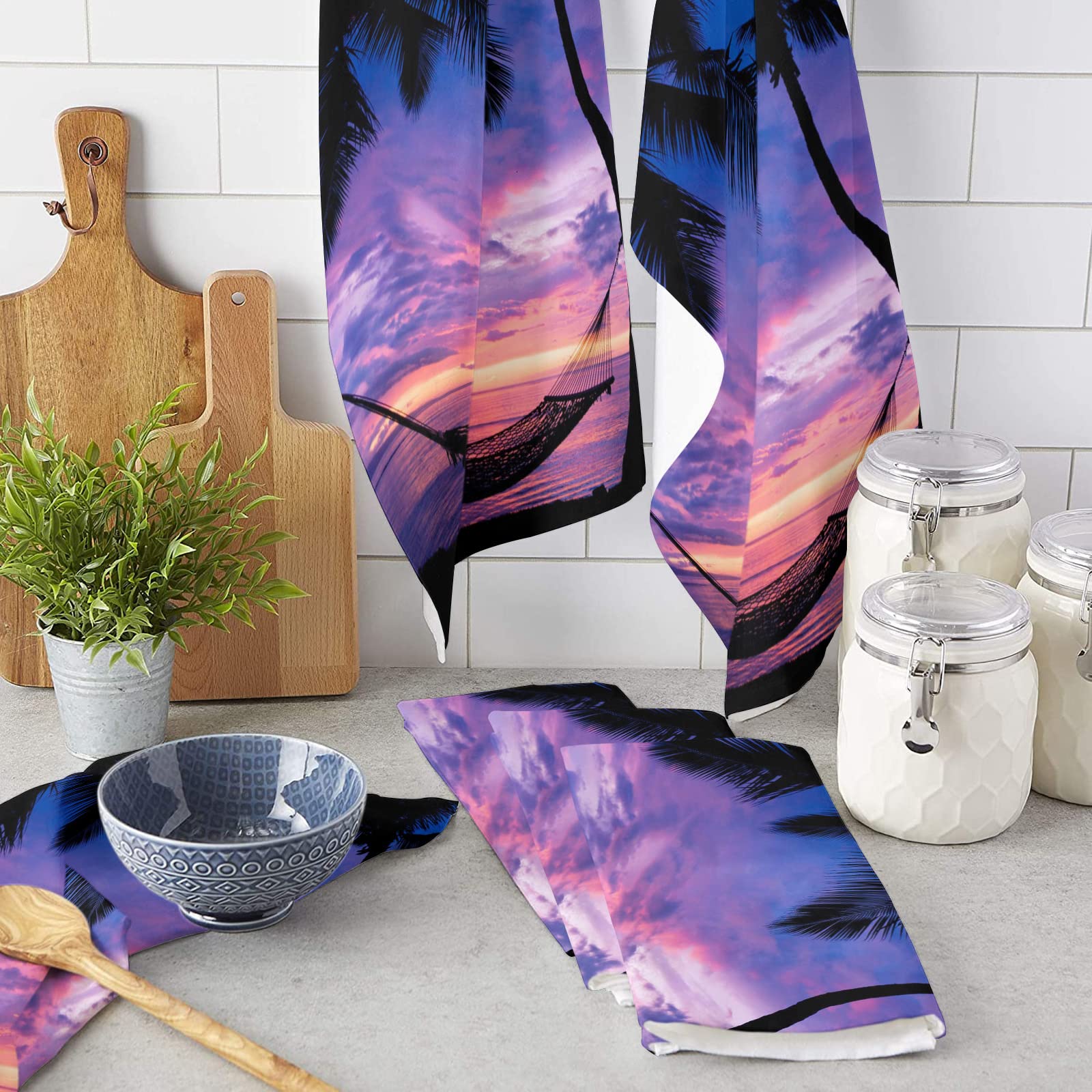 DuoPhi Kitchen Towels Set Beach Scene Sunset Dish Towel Tropical Palm Tree Hand Towel 2 Pack Absorbent Soft Cotton Dishcloths Bar Towels & Tea Towels