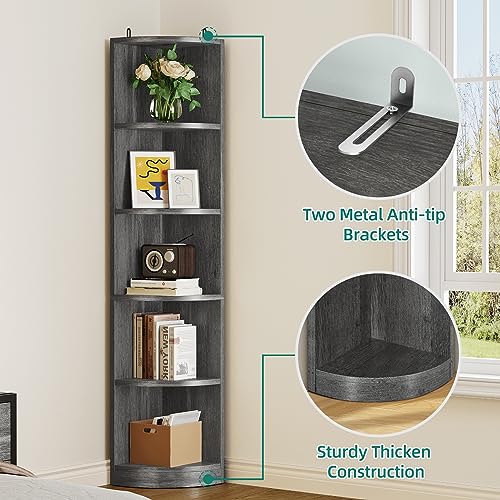 YITAHOME 70.8" Corner Shelf, 5 Tier Corner Bookshelf and Bookcase, Modern Open Free Standing Shelving Unit Wooden Display Rack Storage Shelves for Bedroom, Living Room, Home Office, Charcoal Gray