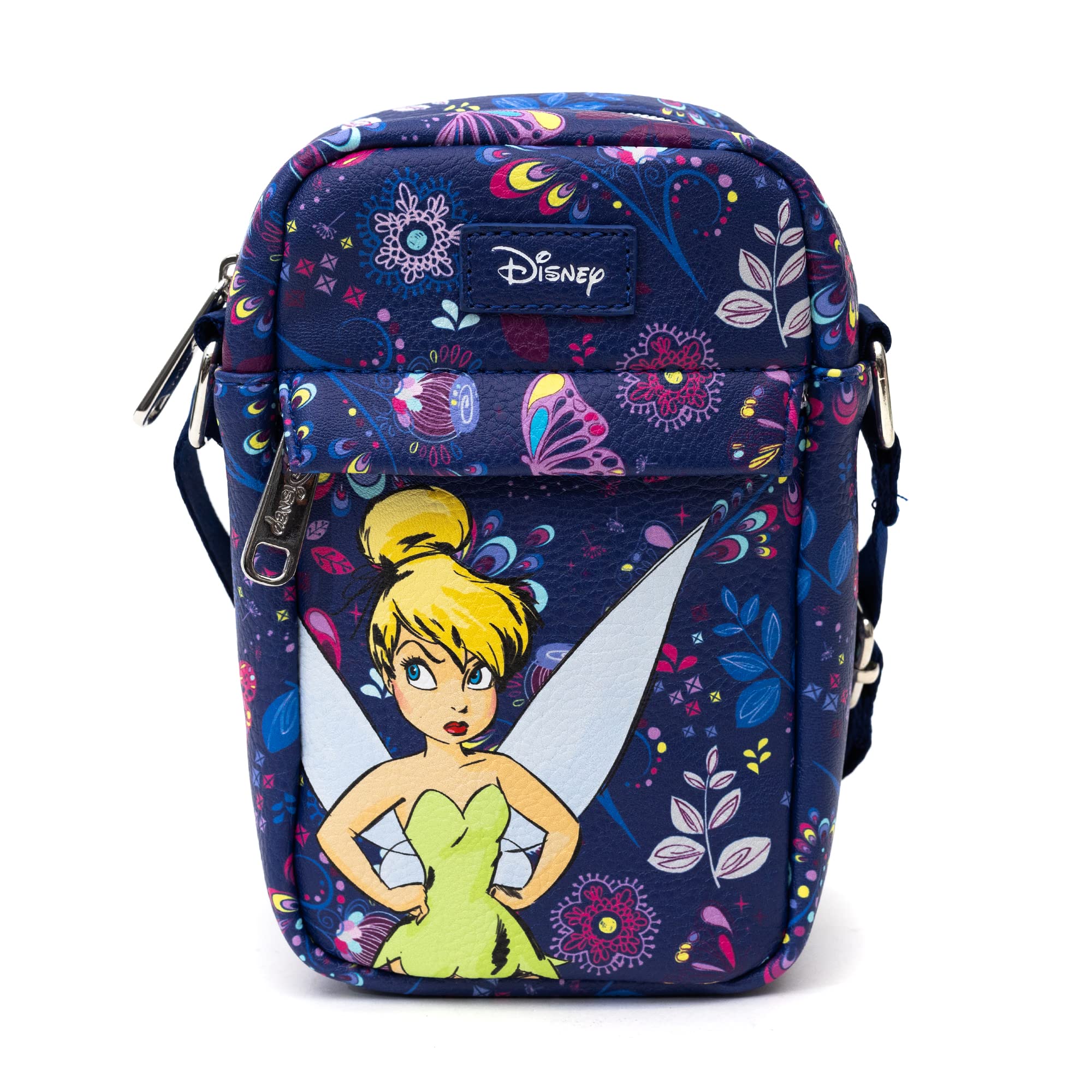 Disney Bag, Cross Body, Tinker Bell Standing Pose Floral Collage, Blue, Vegan Leather