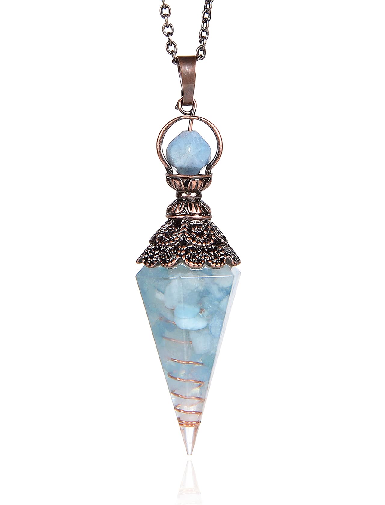 Domika 7 Chakra Healing Crystal Pendulums Necklace Dowsing Divination 6 Facted Hexagonal Pointed Cone Resin Stones Reiki Wicca Spritual Chakra Energy Pendant Necklaces (Aquamarine Stone)