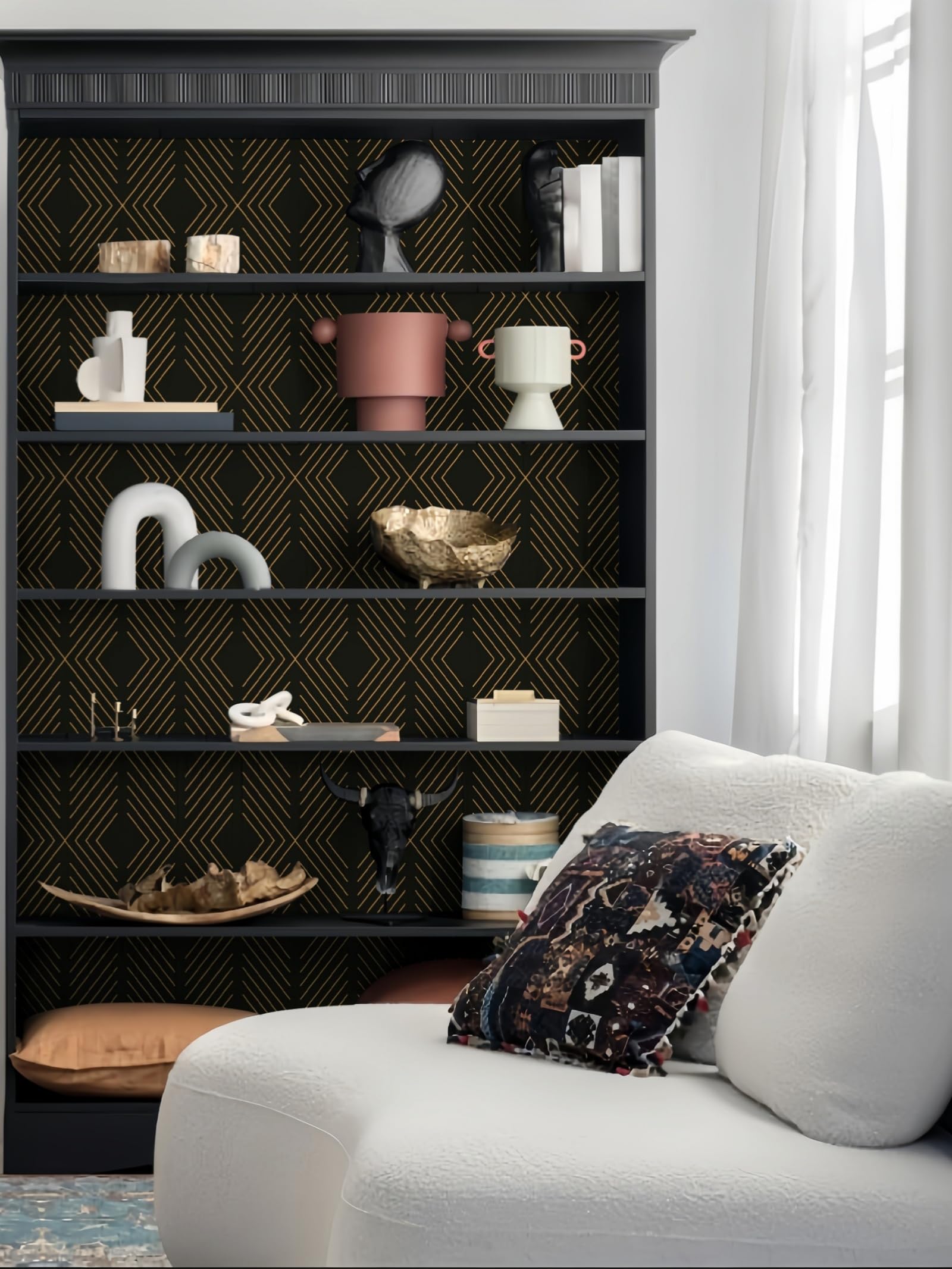 LiKiLiKi Geometric Peel and Stick Wallpaper Black and Gold Wallpaper Modern Contact Paper Boho Removable Self-Adhesive Decorative Wallpaper for Cabinets Bathroom Bedroom Kitchen Vinyl Roll 17.3โx118โ