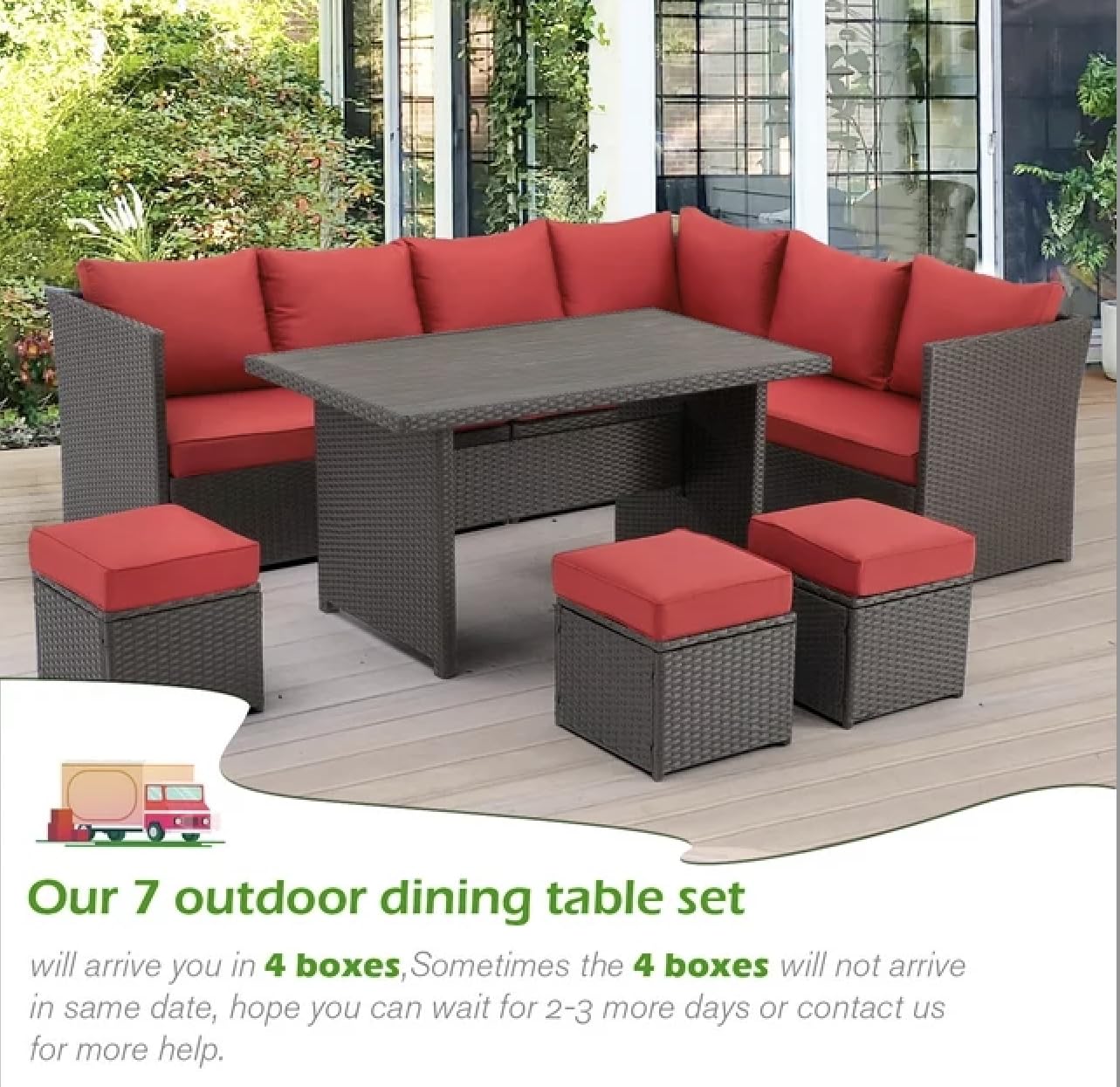 Generic 7 Piece Patio Conversation Set, Outdoor Sectional Sofa Rattan Wicker Dining Furniture, Gray (Red), dd1123