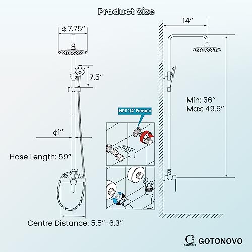 gotonovo SUS304 Outdoor Shower Fixture System Combo Faucet Set Single Handle High Pressure Hand Spray Wall Mount 2 Dual Function Matte Black Rainfall Shower Fixture