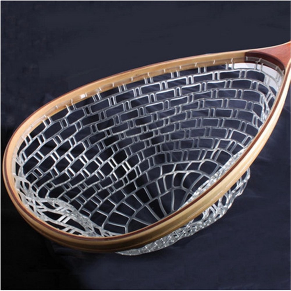 DHLink Wooden Handle Fly Fishing Landing Trout Clear Rubber Net Catch