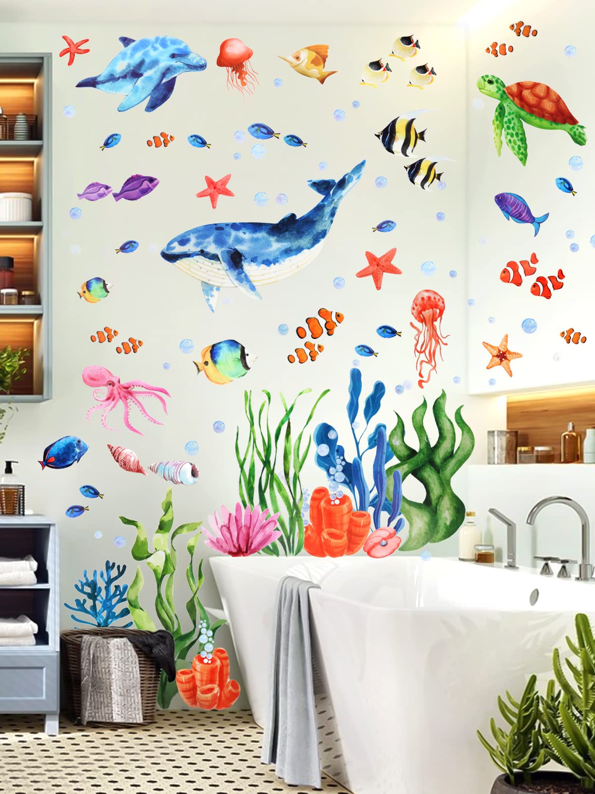 Kalolary Under The Sea Wall Decals Sea Turtle Whale Dolphin Starfish Wall Stickers 3D Coral Reef Ocean Grass Bubbles Wall Decals Wall Decoration for Wall Corner Nursery Room Children Bedroom Bathroom