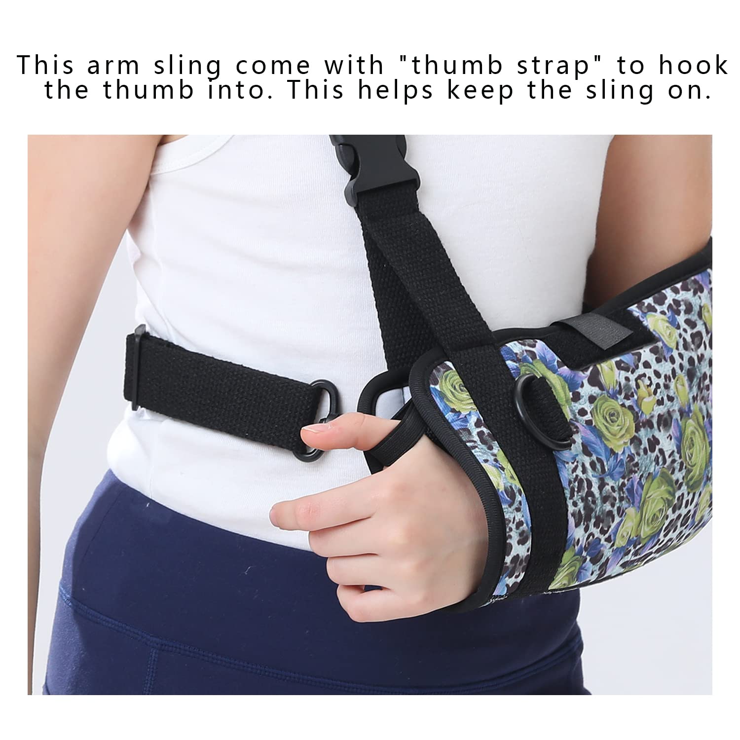Fotgok Foam Arm Sling Shoulder Brace Support with Waist Strap Elbow Brace Arm Immobilizer Rotator cuff Support for Shoulder Injury for Kids, for Broken, Dislocated, Fracture, Green Rose Leopard, Large