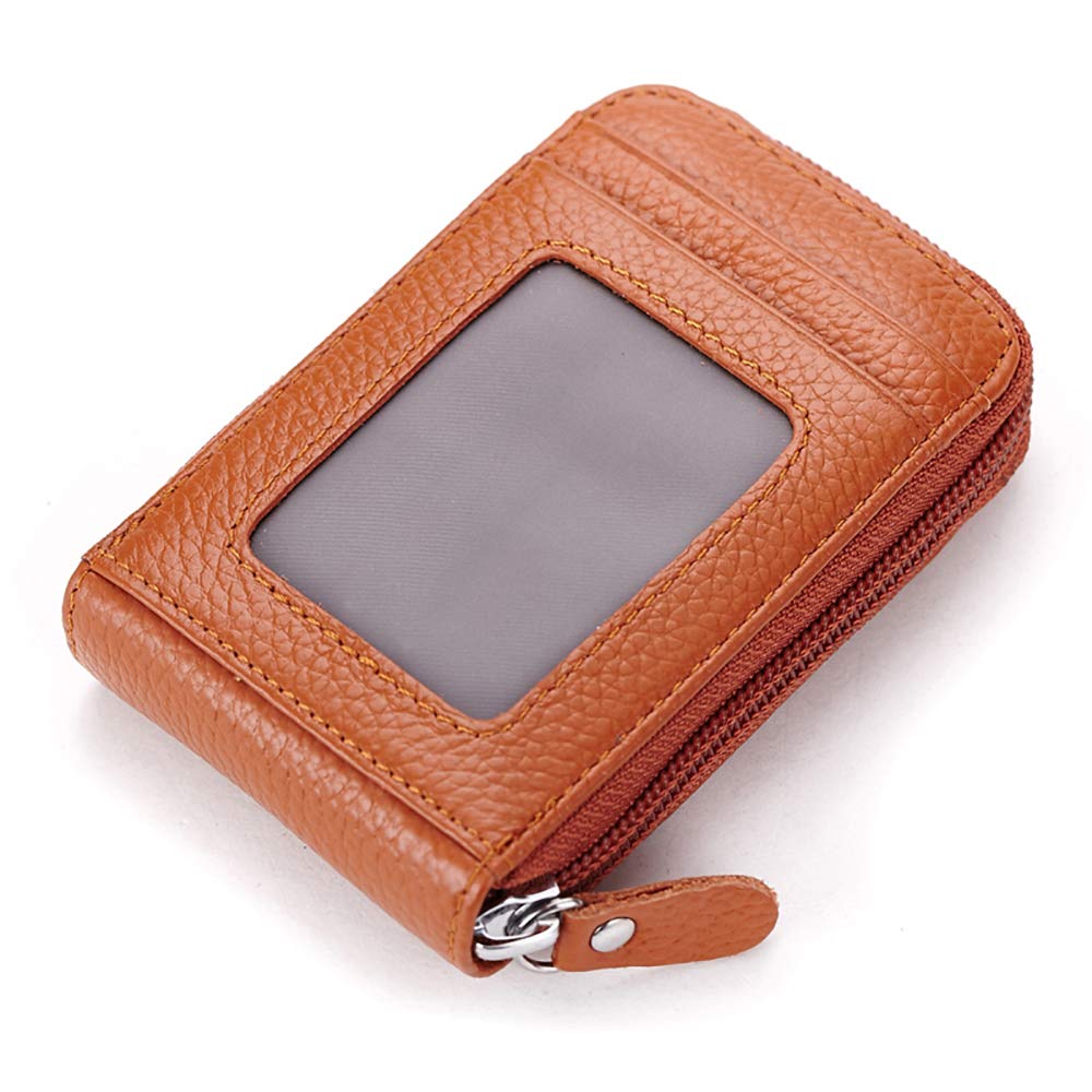 Genuine Leather Holder Zipper Credit Card Wallet RFID Organ Card Holder Purse Coin Wallet with ID Card Window (Khaki)