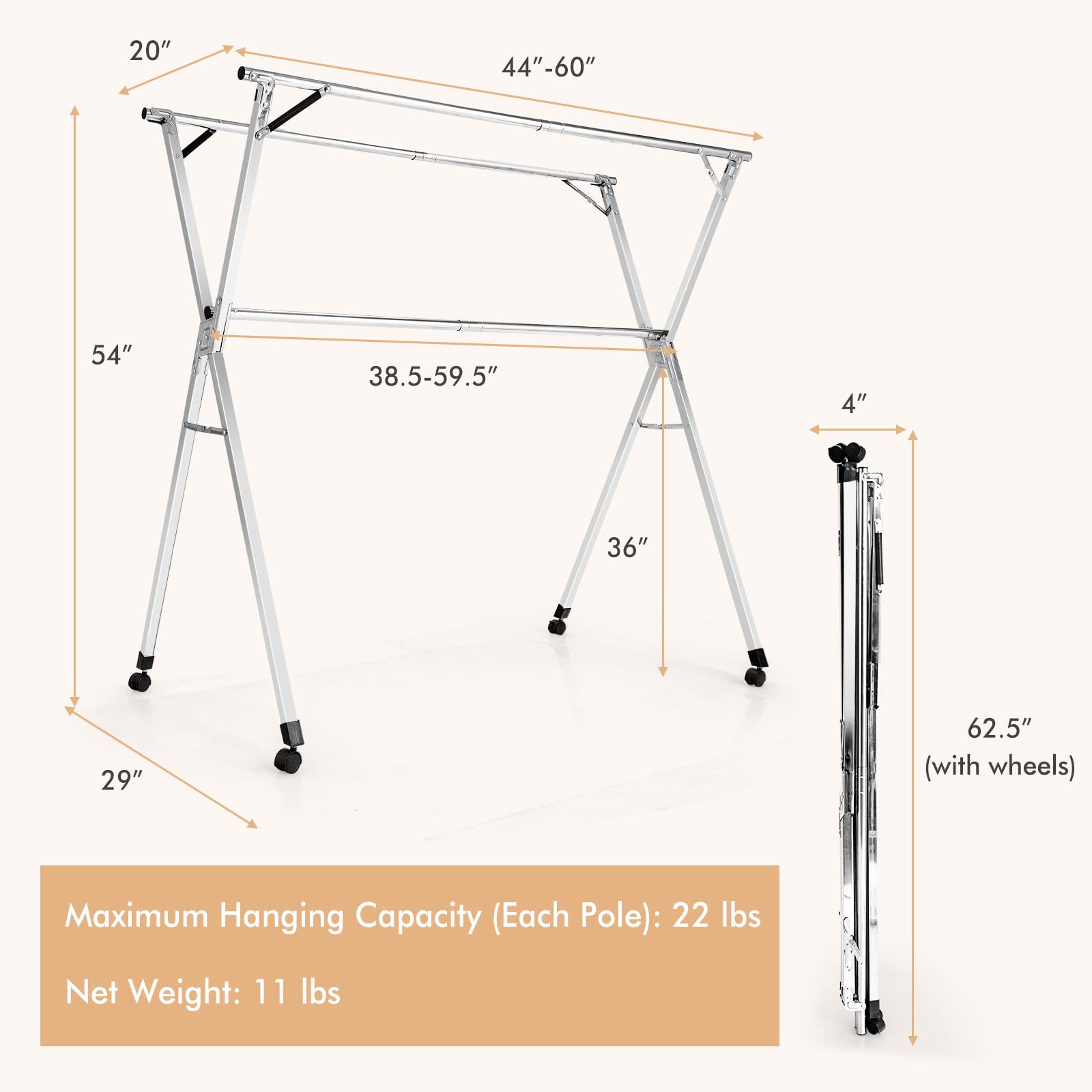 Nightcore Clothes Drying Rack, Stainless Steel Garment Rack with 4 Universal Wheels, Free of Installation, Foldable & Length Adjustable Hanger Rack for Indoor Outdoor