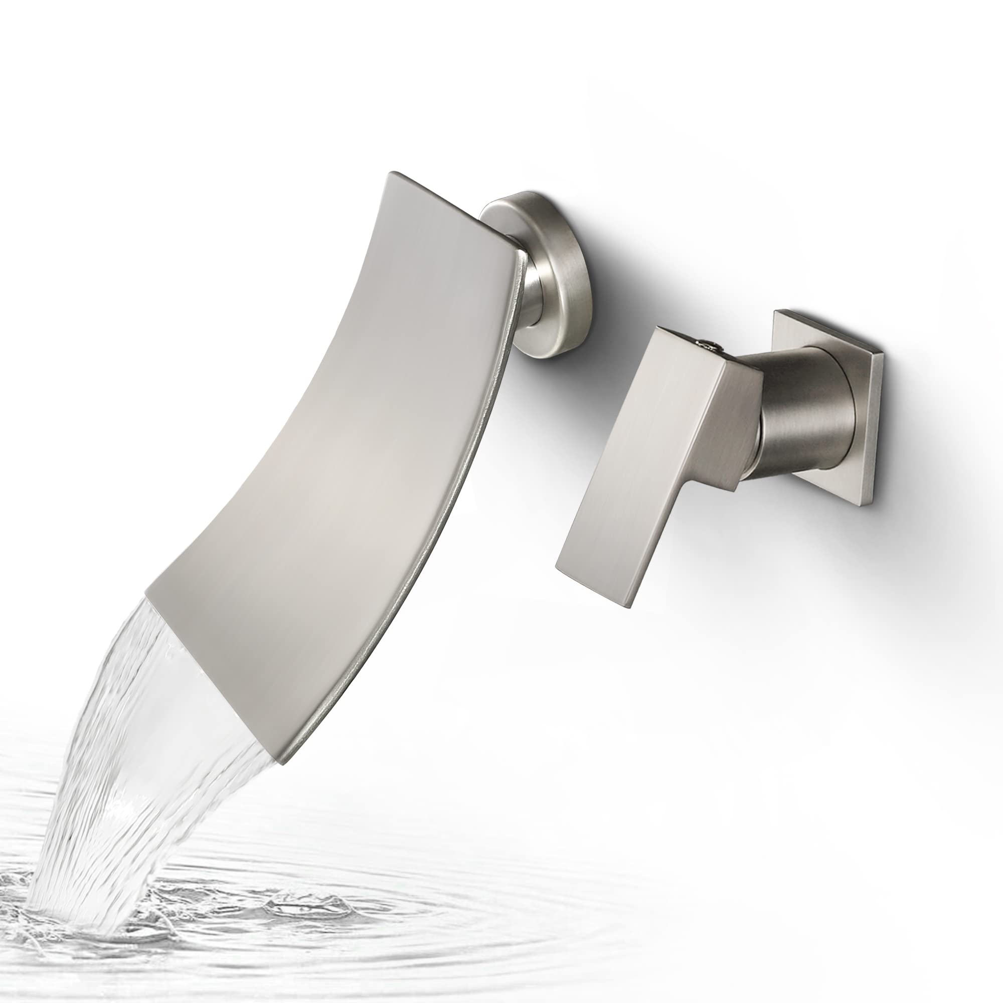 SKOWLL Wall Faucet Waterfall Faucet Modern Bathroom Vanity Sink Faucet Wall Mount Bath Mixer Set with Single Handle, Brushed Nickel