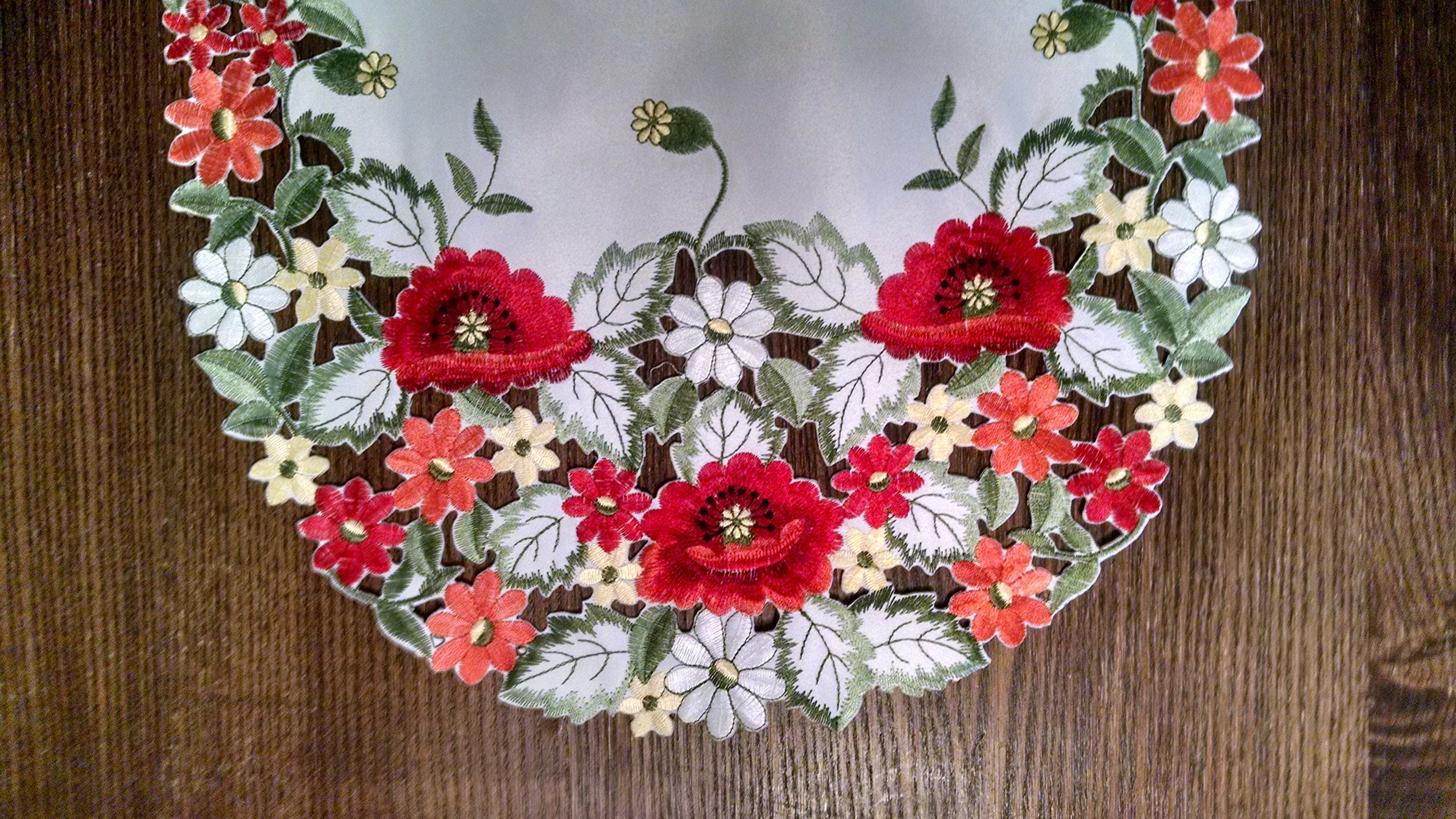 Doily Boutique Place Mat or Doily with Red Poppy Flowers on Antique White Fabric Size 27 x 13 inches