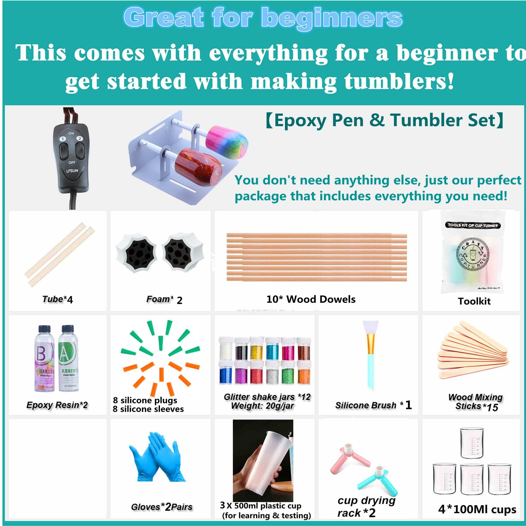Double 2X Cup Turner for Crafts Tumblers, Double Cup Spinner Machine Kit Glitter Powder,Cup Drying Rack for Crafts Epoxy Resin Glitter Tumbler (Silver)