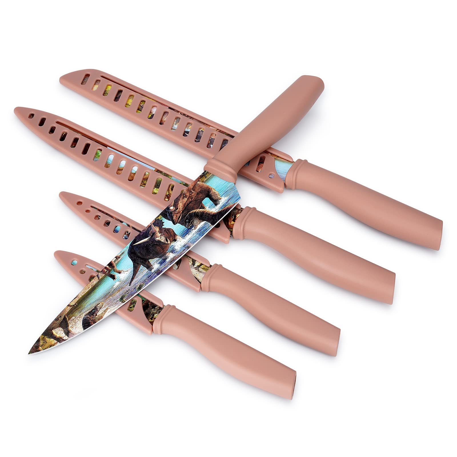 G.a HOMEFAVOR Knife Set, Chef Knives with Dinosaur Pattern, 5-piece Kitchen Knife Set Nonstick Coated with 5 Blade Guard, Gift Box Perfect as a Christmas gift