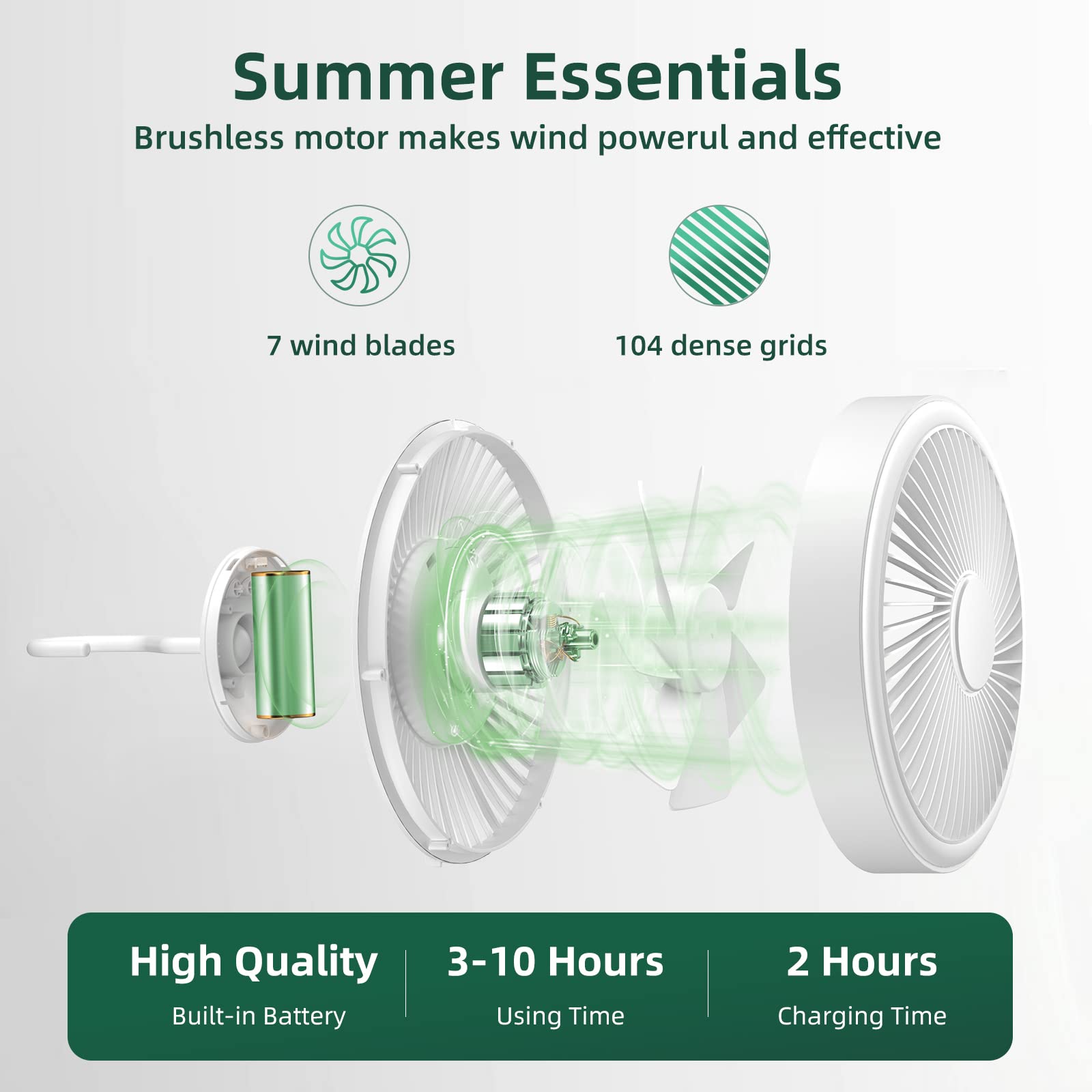 Fuleda Portable Desk Fan, Personal Rechargeable Battery Operated Fan with 3 Speed Settings & Remote Control, Camping Fan with LED Lantern & Hanging Hook for Tent, Car, Picnic, Home, Office (White)