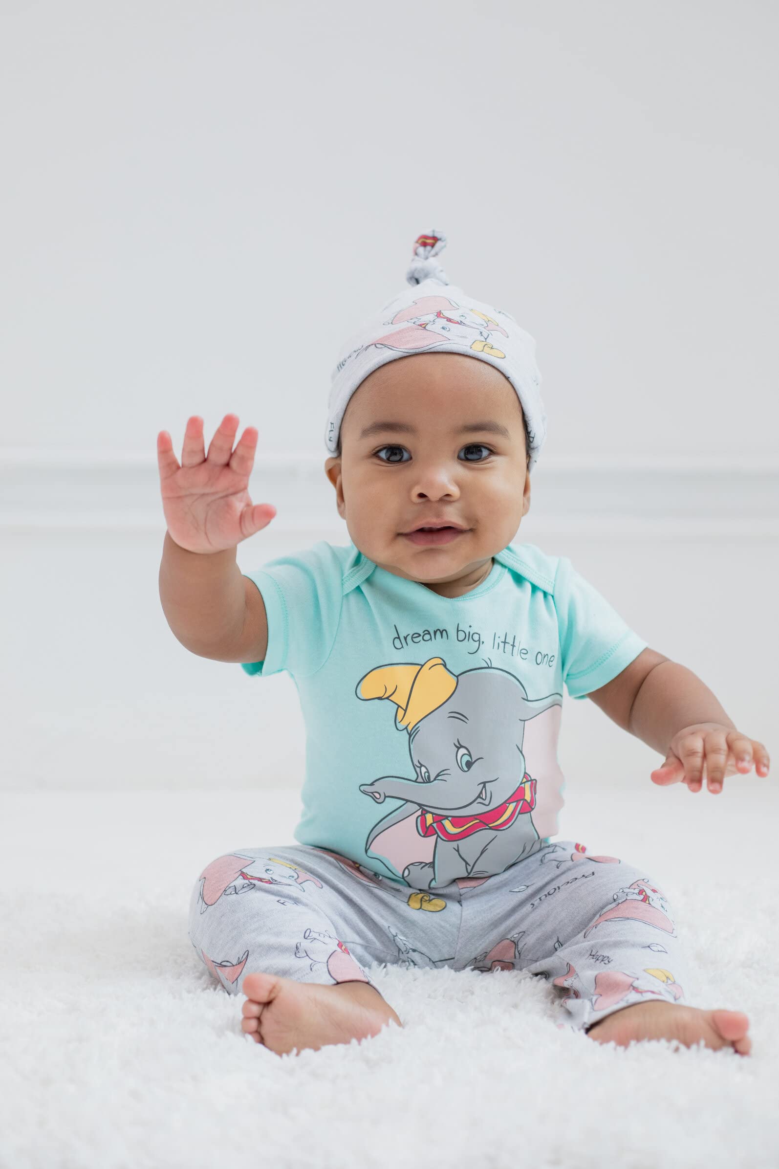 Disney Classics Dumbo Newborn Baby Boys Bodysuit Pants and Hat 3 Piece Outfit Set Blue/Gray 0-3 Months