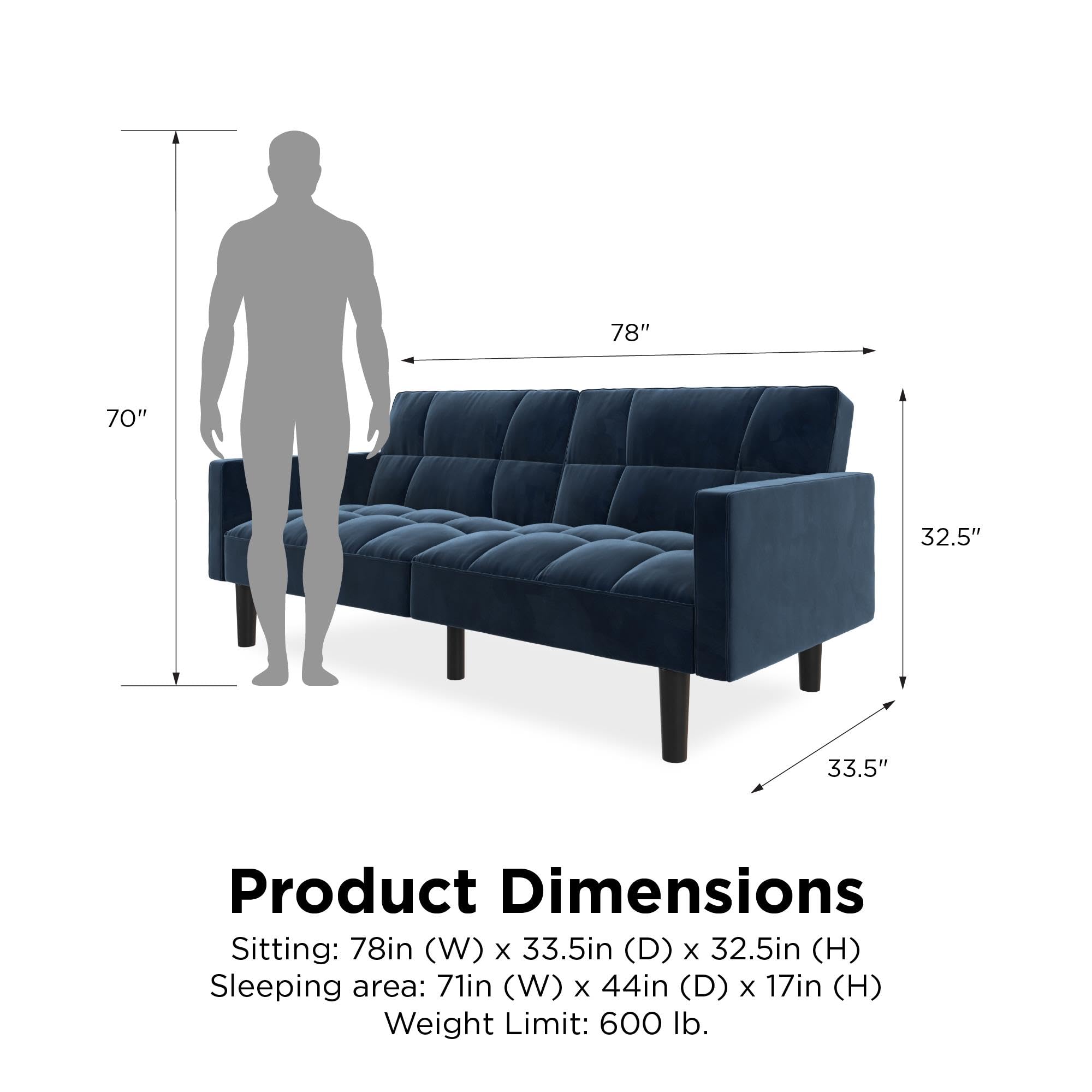 DHP Hayden Convertible Sofa Sleeper Futon with Arms - Blue Microfiber