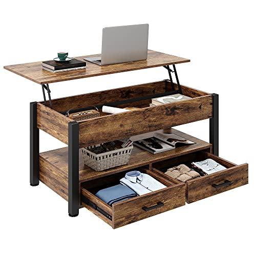 Osfvolr Lift Top Coffee Table, Coffee Table with Storage Drawers and Adjustable Metal Legs, Vintage Wood Living Room Tables with Hidden Compartment and Open Shelf, Brown