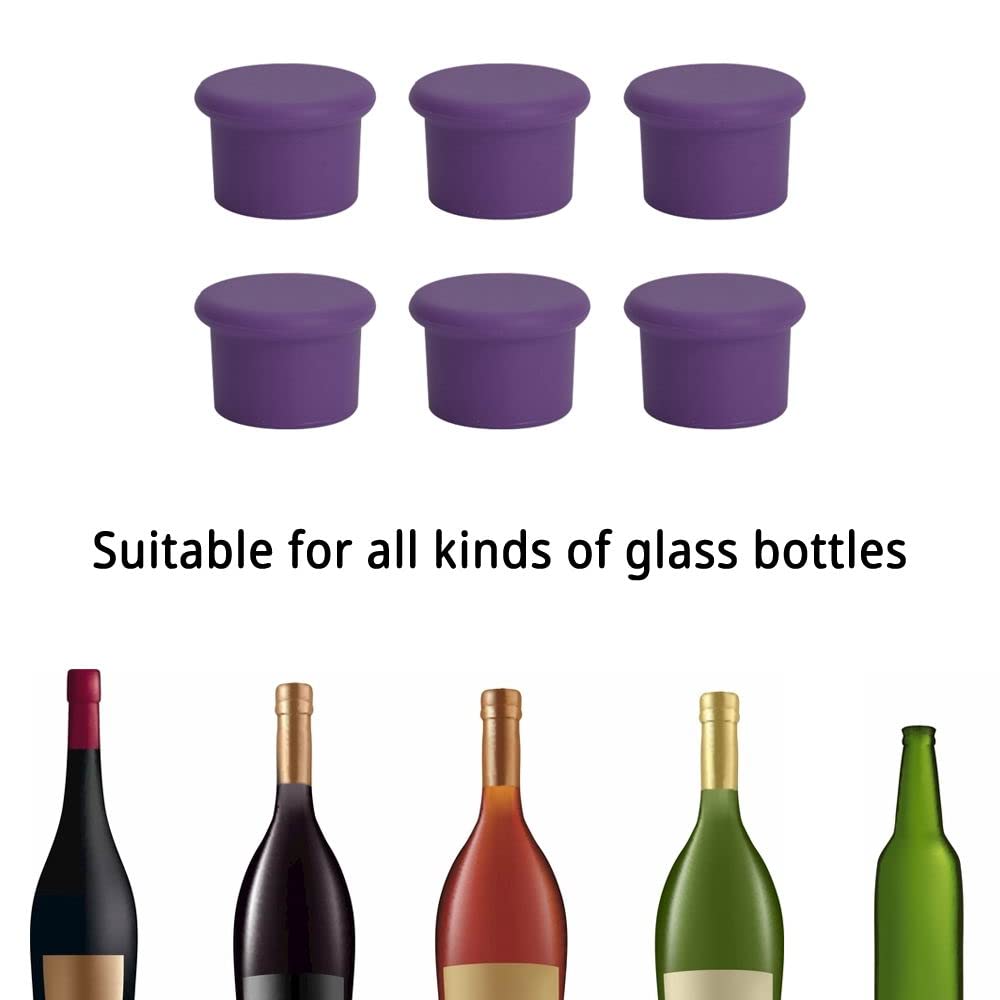 H H&J HUAJIAN Reusable Silicone Wine Bottle Stopper for Easy Removal and Secure Attachment, Set of 6 In Multiple Colours (Purple)