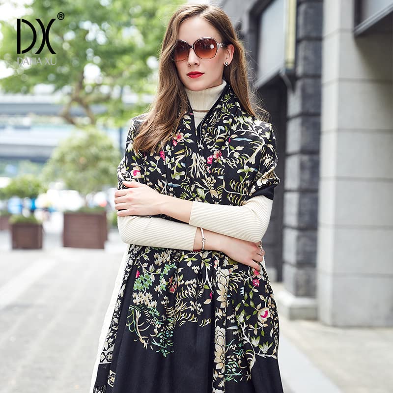 DANA XU 100% Merino Wool Extra Large Pashmina Blanket Travel Scarf Cashmere Wrap for Women Fall Winter Oversize Shawl Floral