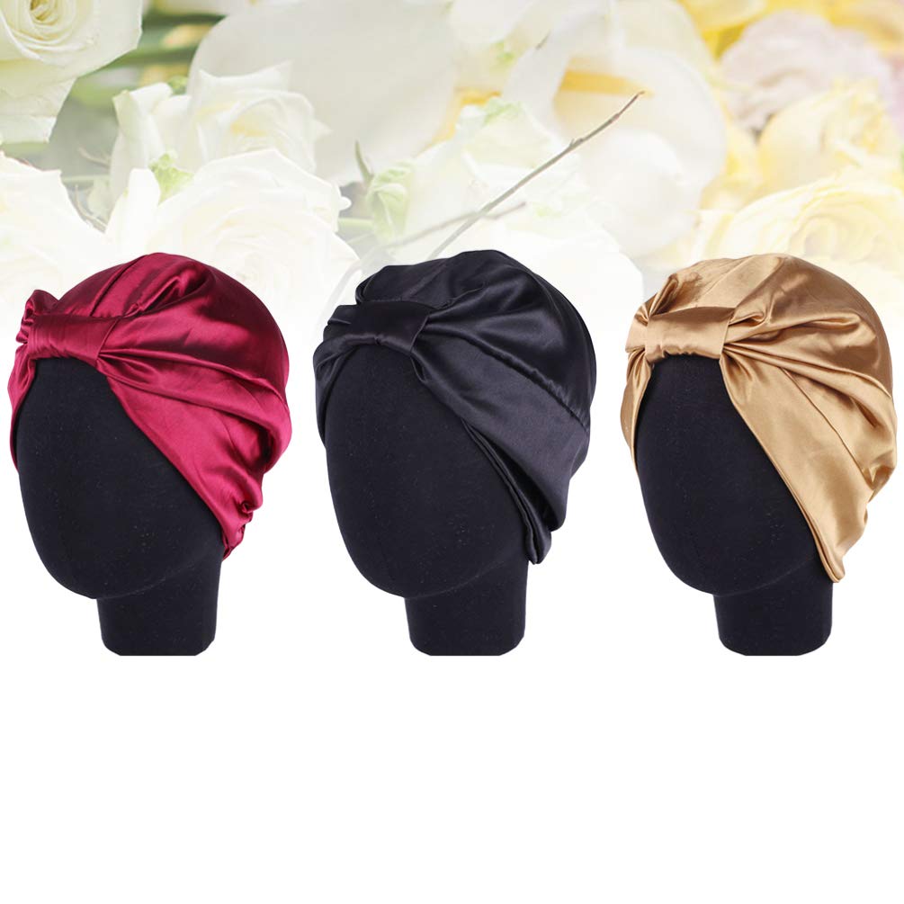 EXCEART 3pcs Satin Silk Lined Sleep Cap Beanie Hat Elastic Night Headwear Turban Sleep Cap Black Wine Red Khaki