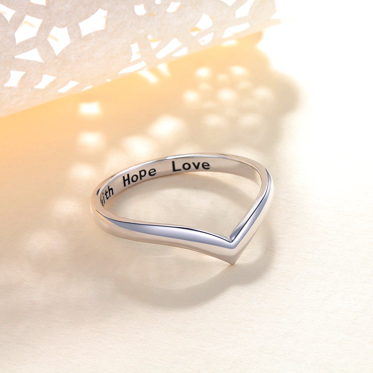 DAOCHONG S925 Sterling Silver Inspirational Jewelry Engraved Faith Hope Love Chevron Thumb Ring V Shape Ring Size 7