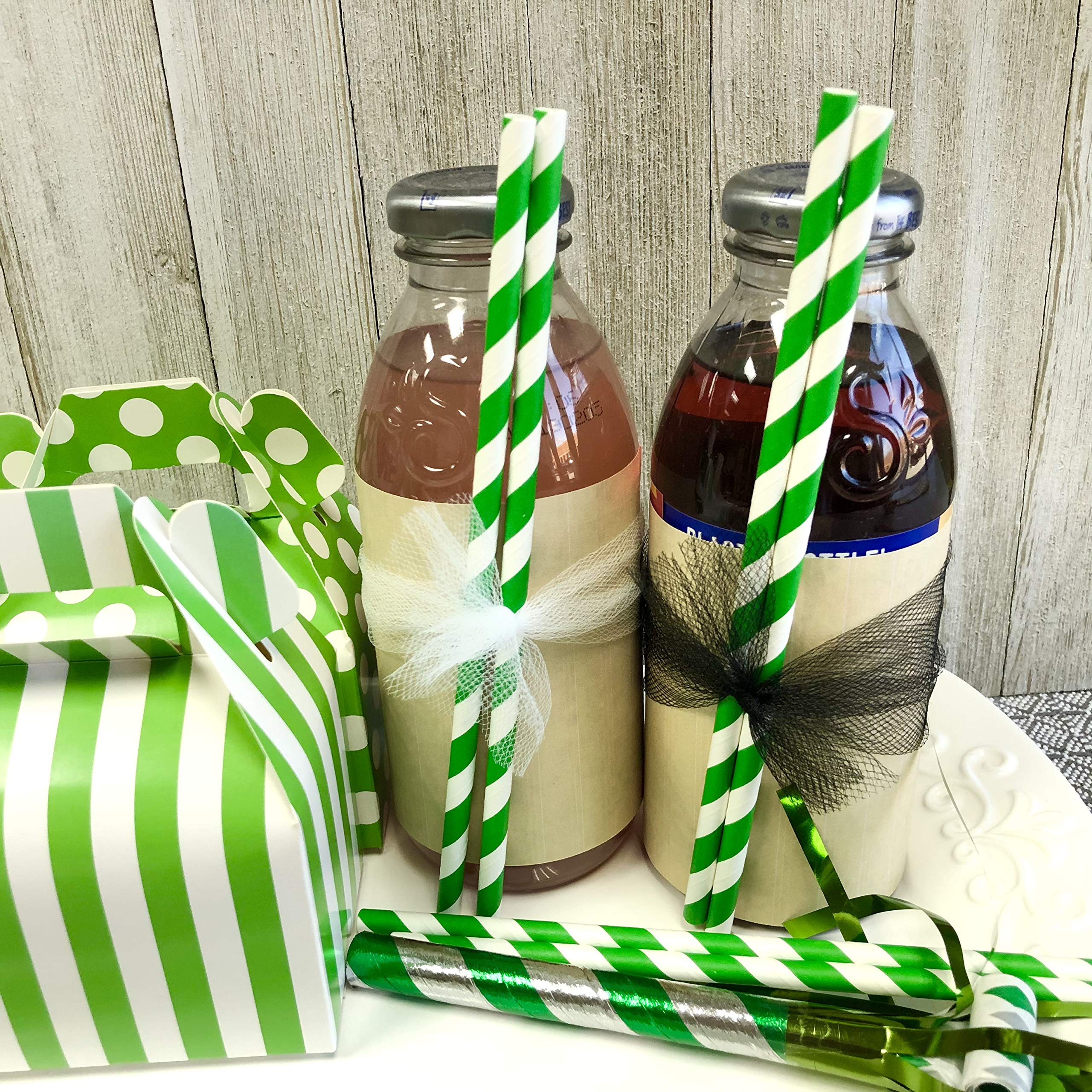 Green Striped Paper Straws - Green White Stripe - Christmas St Patrick's Birthday Supply - 7.75 Inches - 50 Pack