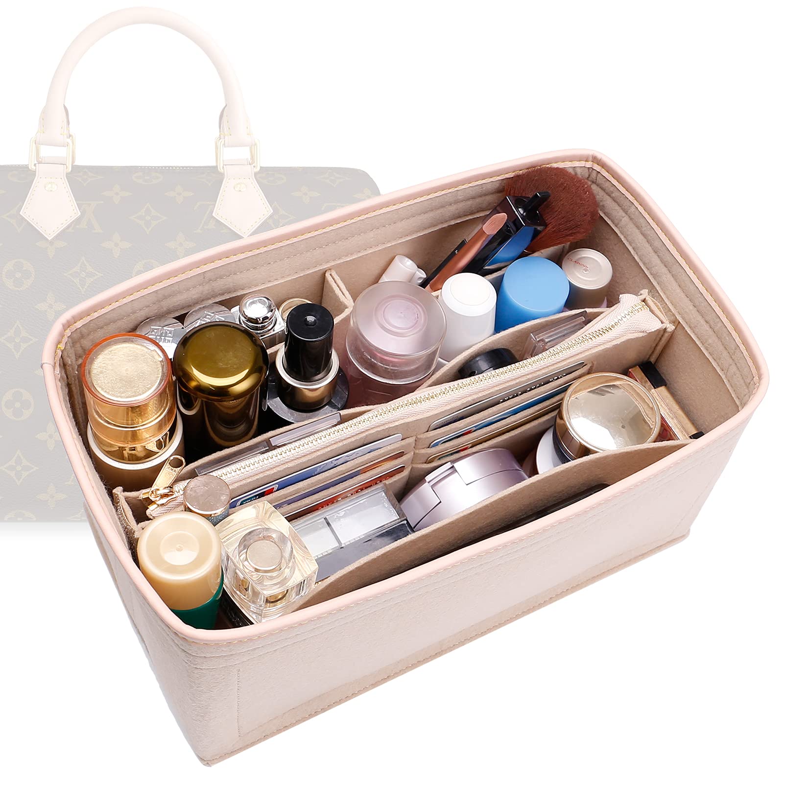 Doxo Purse Organizer Insert for Handbags & Base Shaper Combination,Tote Bag Organizer Insert with 6 Sizes,Compatible with LV, Coachs, MK, Kate Spades, Goyards, Longchamps More(M-Beige)