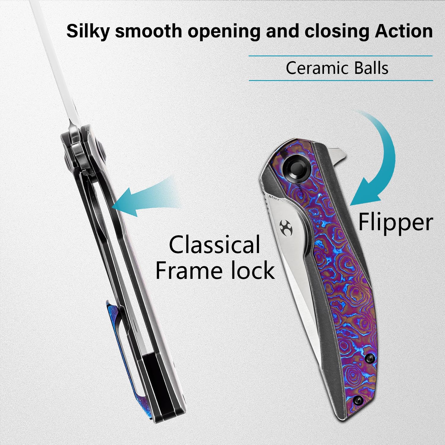 KANSEPT Accipiter Pocket Folding Knives EDC Camping Folding Knife 3.36'' Satin CPM S35VN Blade Pocket Folding Knife with Black Anodized Titanium + Timascus Handle Everyday Carry K1007E3