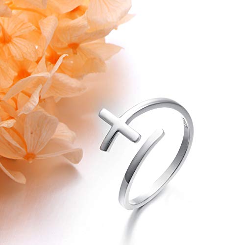 DAOCHONG Simple Cross Ring Sterling Silver Adjustable Cross Wrap Open Ring for Women Daughter Girlfriend Easter Gift, Size 6