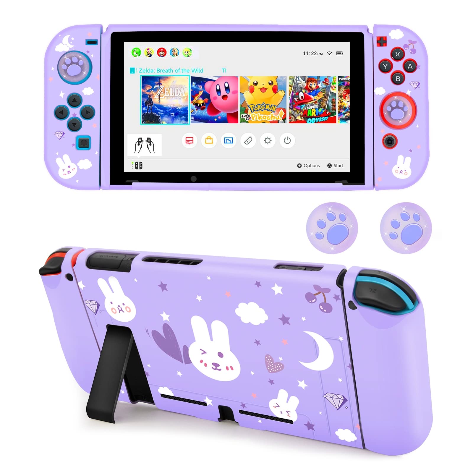 Dockable Protective Case Compatible with Nintendo Switch, Cute Soft TPU Slim Grip Cover for NS & Joy-con Controllers with 2 Cat Paw Thumb Grips Caps, Accessories Christmas Gifts for Girls-Purple Bunny