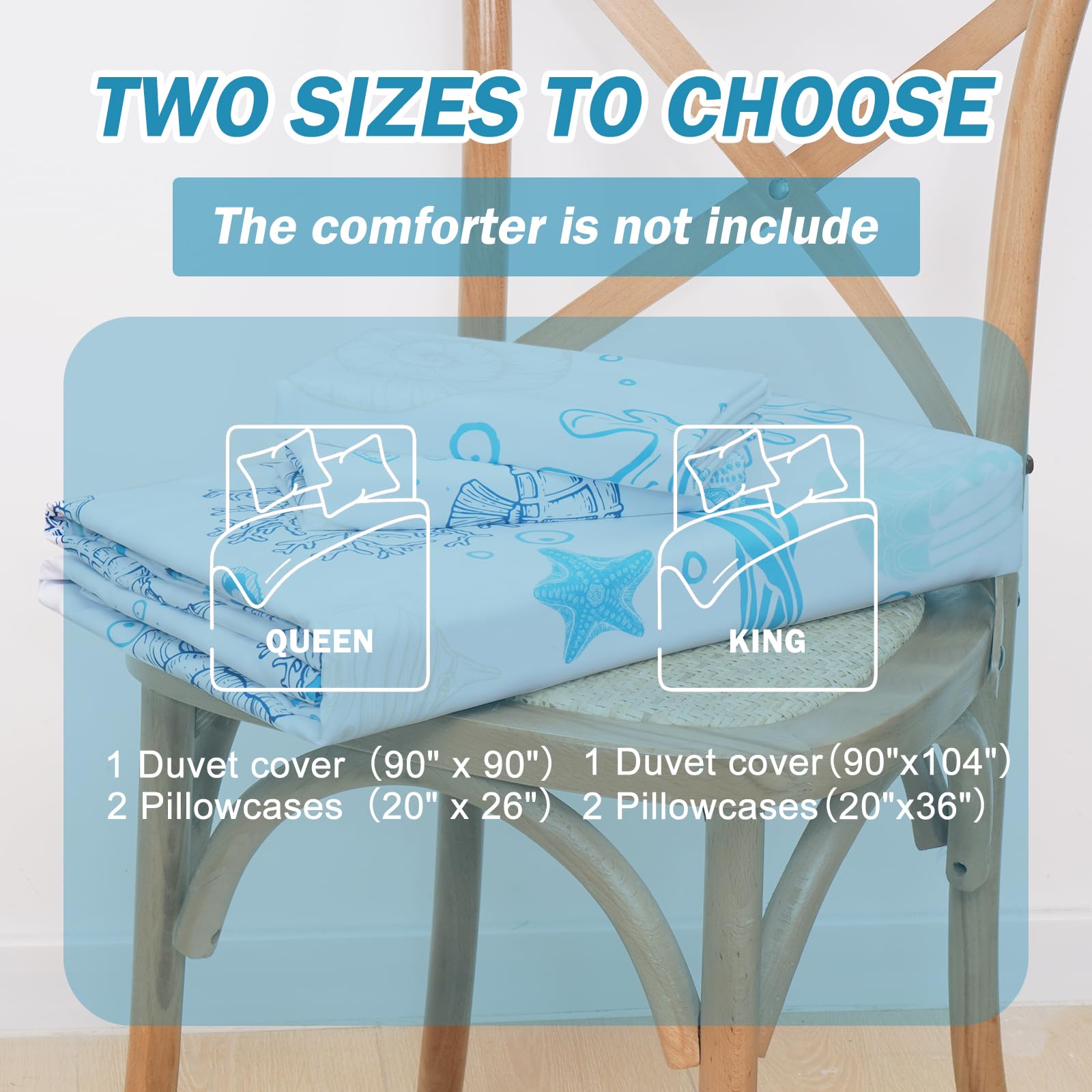 Likiyol Duvet Cover King Set, Coastal Comforter Cover with Zipper Closure, Seashells and Sealife Nautical Soft Microfiber Bedding Sets 3 Pieces(1 Duvet Cover+2 Pillowcases)