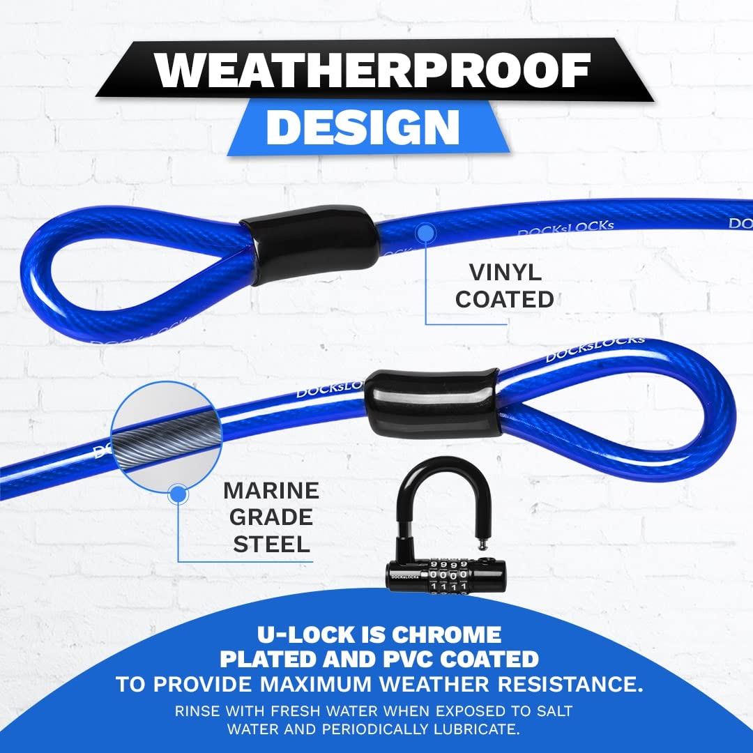 DocksLocks Security Cable Lock Set (5ft to 25ft Lengths) β Weatherproof, Looped Ends, Coiled, Compact, Includes U-Lock, Anti-Theft for Bikes, Patio Furniture, Kayaks, Outdoor Equipment 20ft