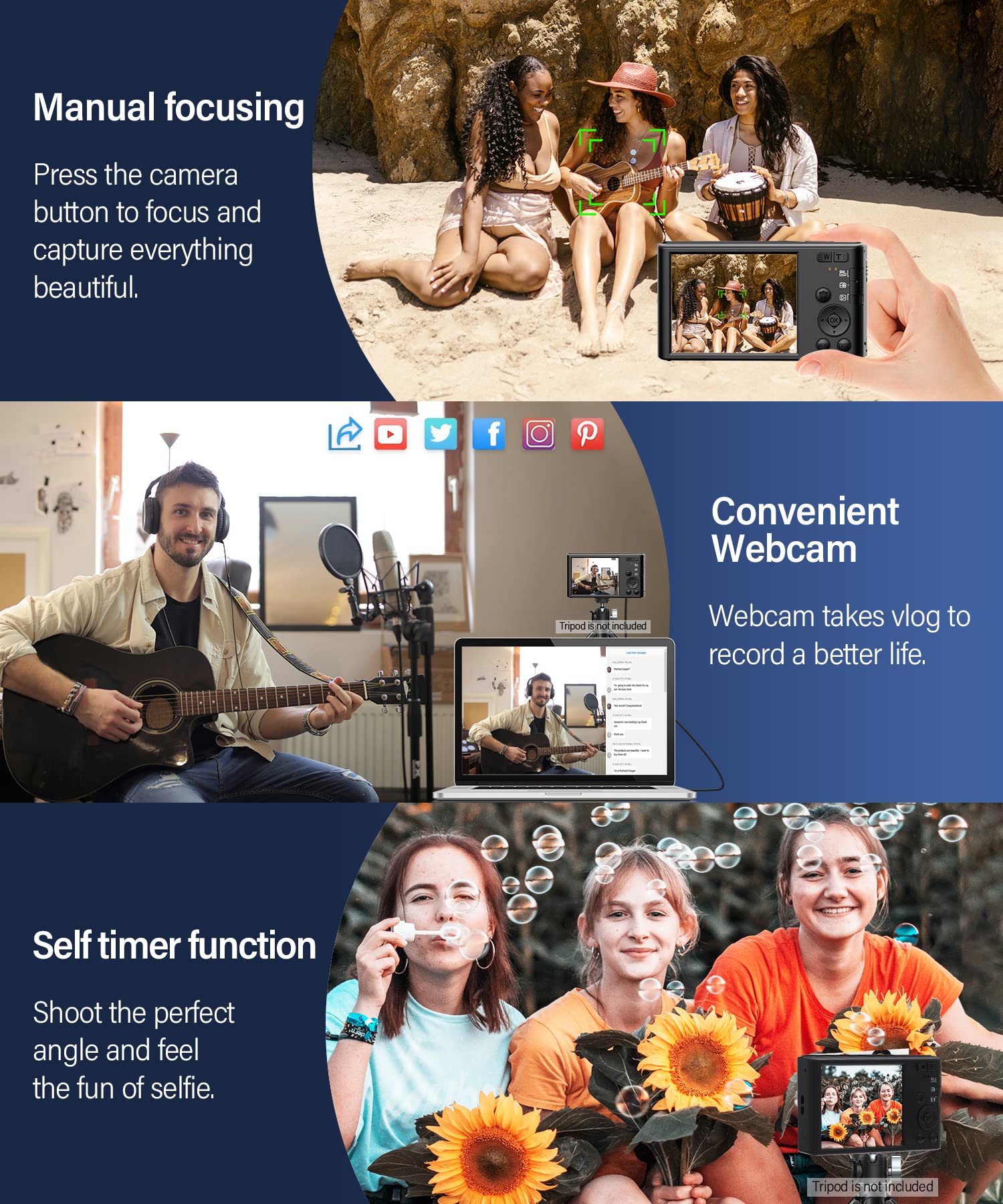 Digital Cameras for Photography, 1080P 44MP Vlogging Camera 16X Digital Zoom Rechargeable Students Compact Camera 32G Card and 2 Batteries