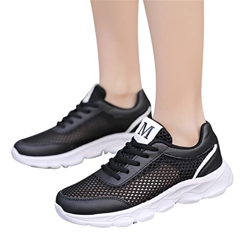 FASDNENDYS Fashion Summer Women Mesh Hollowed Breathable Comfortable Lightweight Lace Up Flat Bottom Womens 12 Running Shoes Black