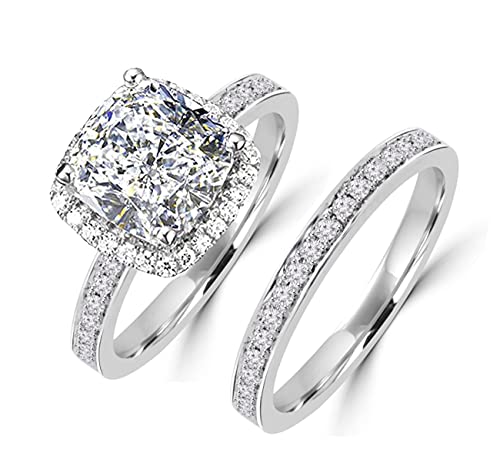 Diamonbella 101 facets 2 Carat Princess Cushion Cut NSCD Simulated Diamond Ring Band Set Solid 925 Silver Halo DBCUSHSET7 (Ring-Set, 6)