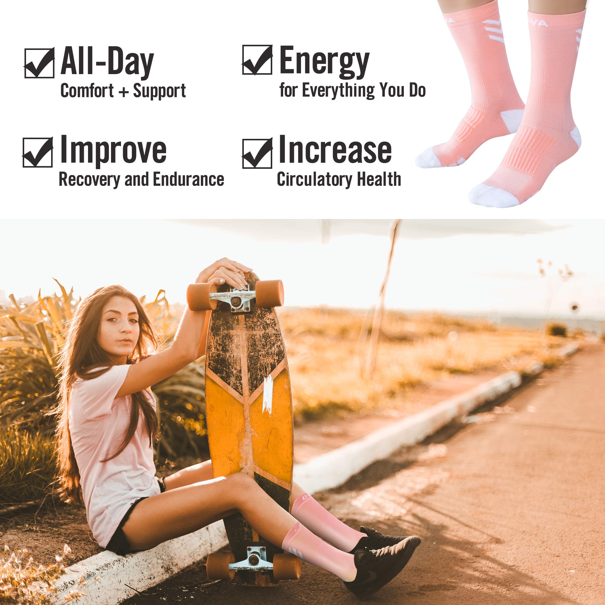 DOVAVA Dri-tech Compression Crew Socks 15-20mmHg (4 Packs) Quick Dry Athletic Running Socks for Support and Circulation (Small-Medium, Pink-White-Pink)