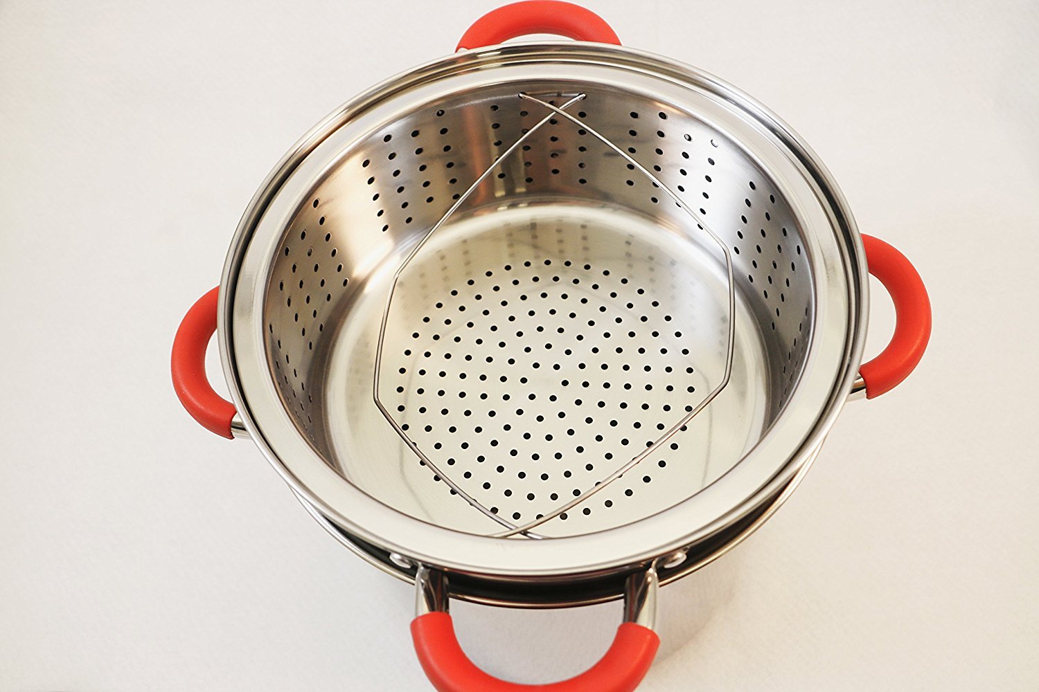 ExcelSteel 8 Qt Multifunction Stainless Steel Pasta Cooker with Encapsulated Base, Vented Glass Lid, and Riveted Silicone Covered Handles