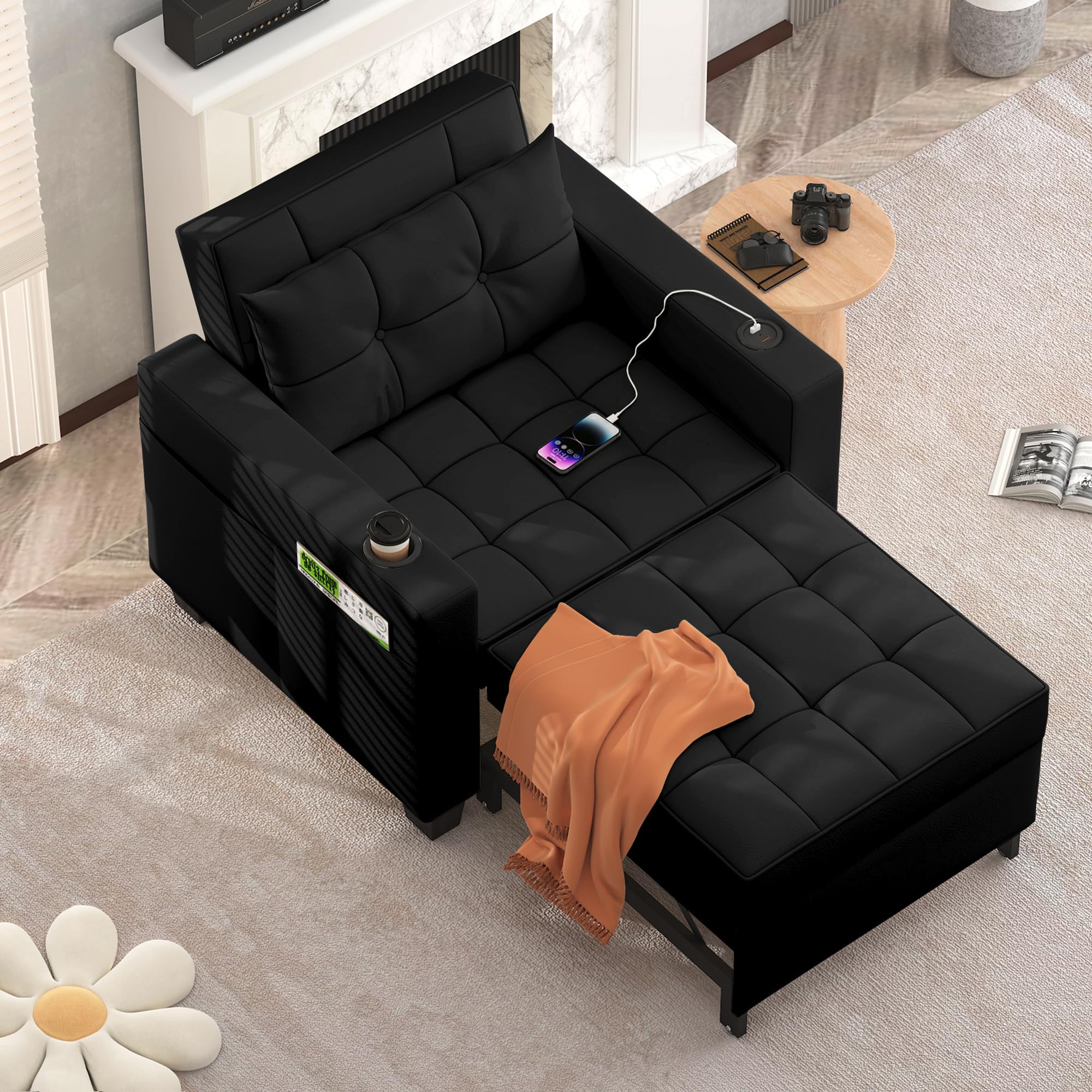 DURASPACE Pull Out Sofa Bed 3-in-1 Convertible Sofa Sleeper Chair Bed with USB, Cup Holder, Adjustable Armchair Beds for Small Spaces, Apartment, Living Room, Office (Caramel Brown Faux Leather)